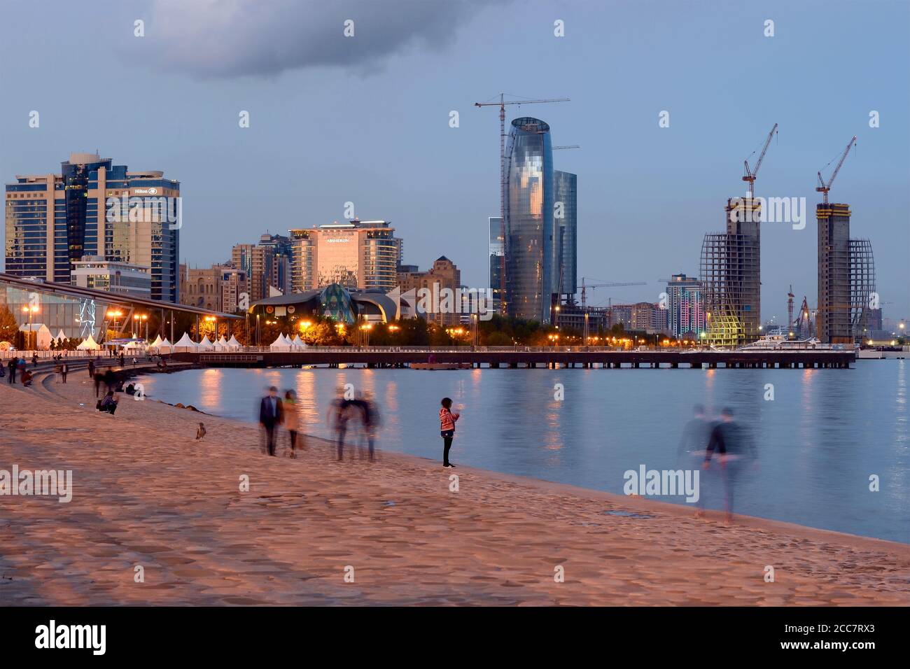 Baku Boulevard waterfront in the shore of the Caspian Sea in Azerbaijan ...
