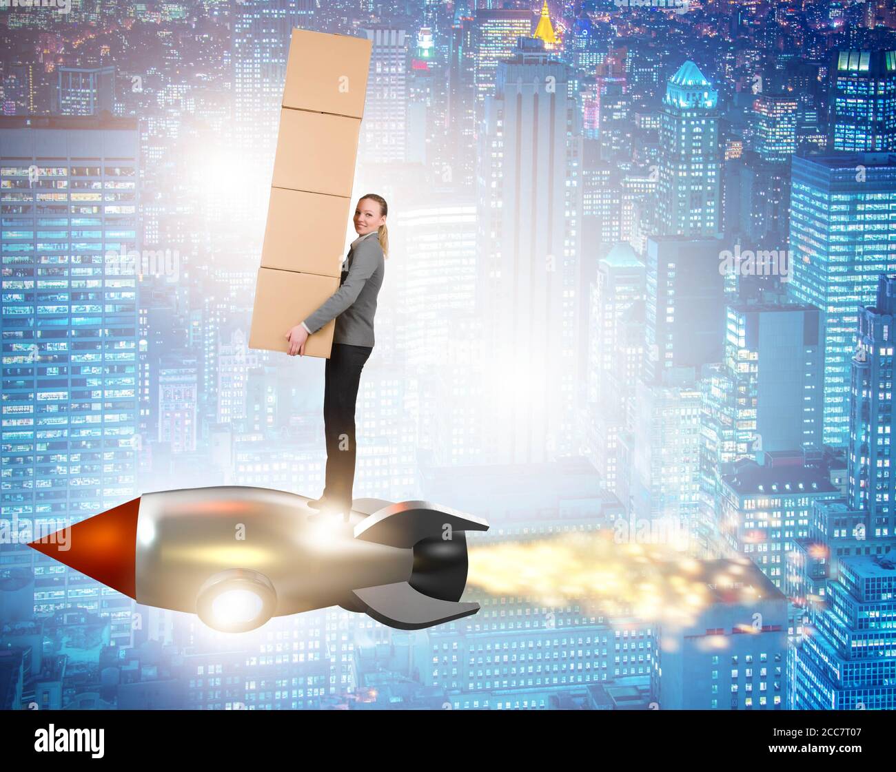The woman flying rocket and delivering boxes Stock Photo - Alamy