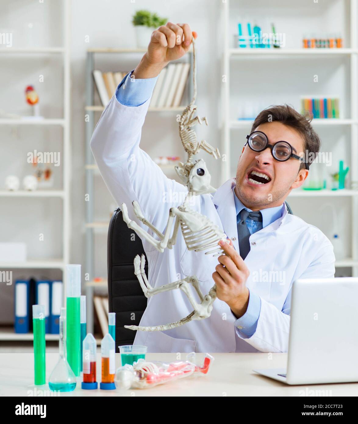 The funny scientist with cat skeleton in lab clinic Stock Photo - Alamy