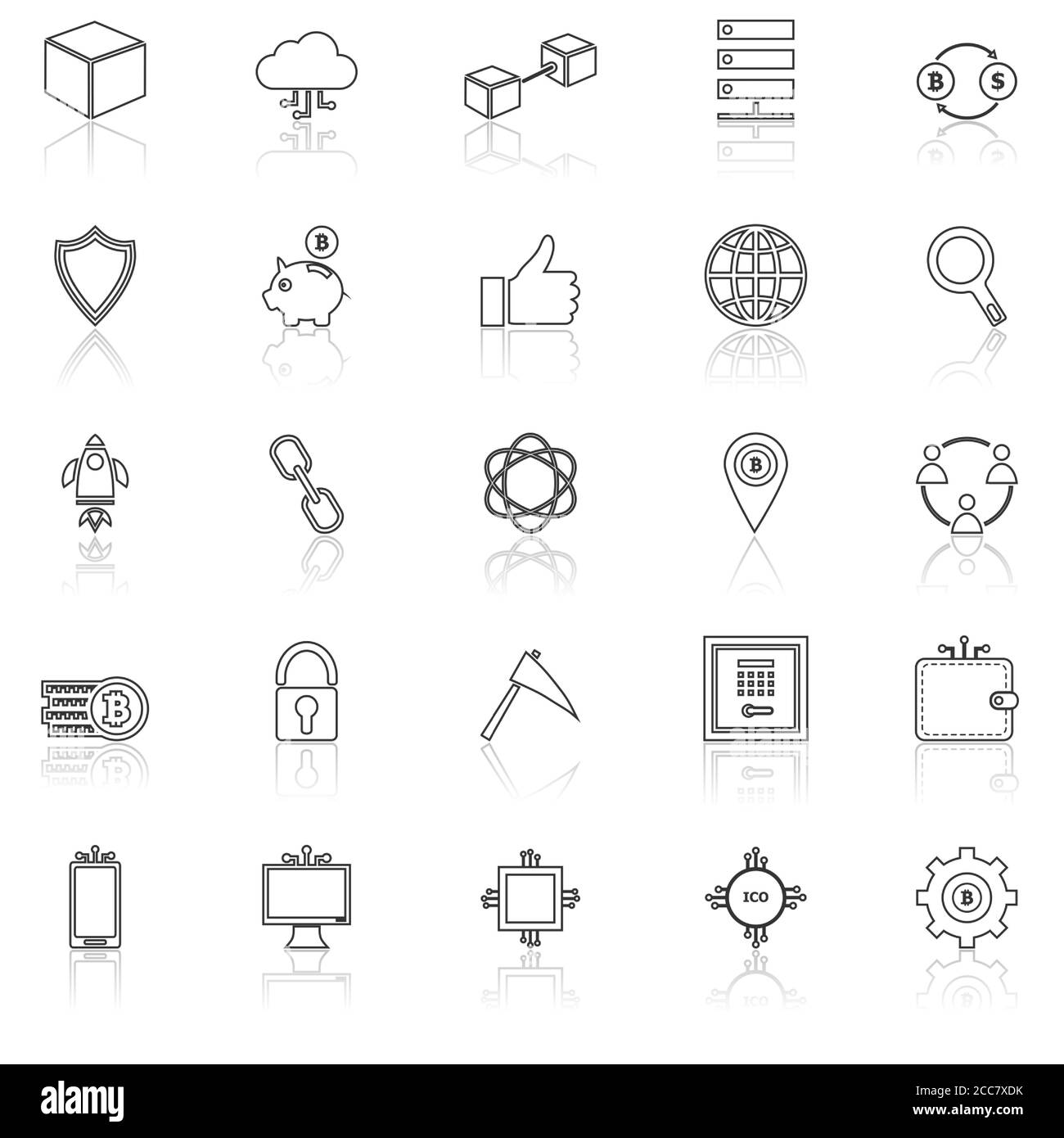 Blockchain line icons with reflect on white background, stock vector ...