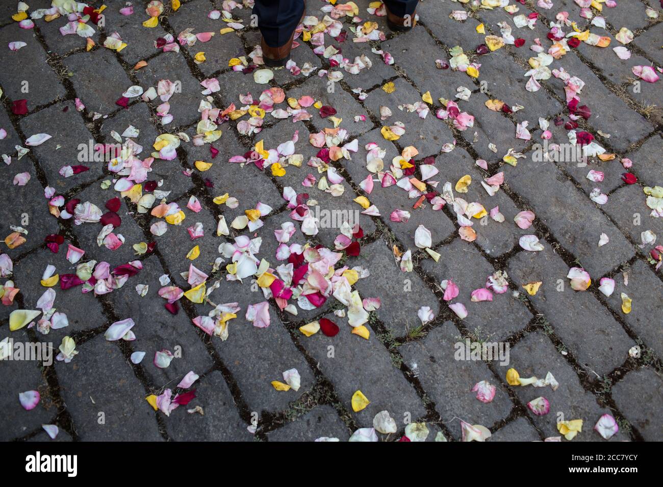 Rose petal confetti outside a church after a wedding Stock Photo - Alamy