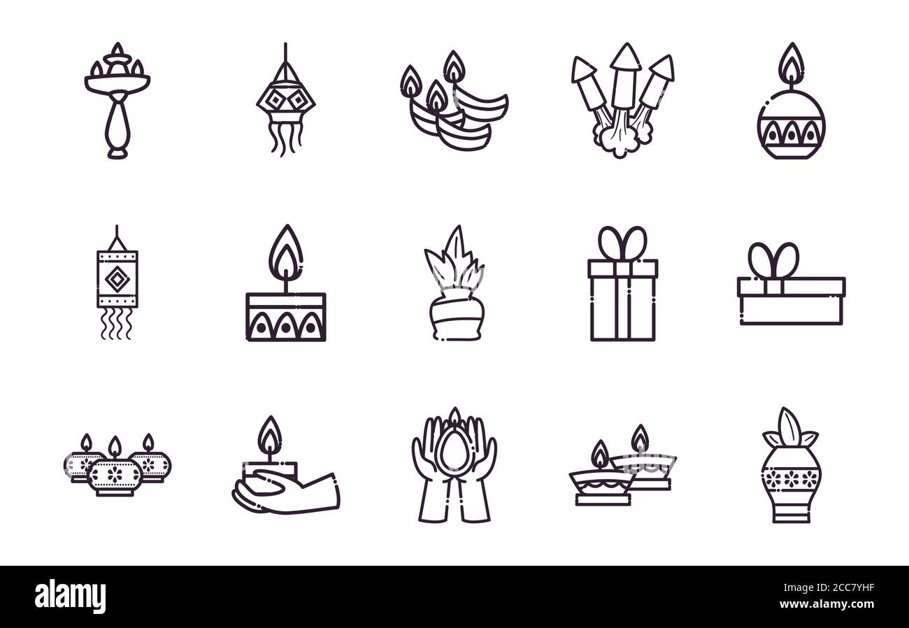 diwali line style set of icons design, Indian culture and hinduism ...