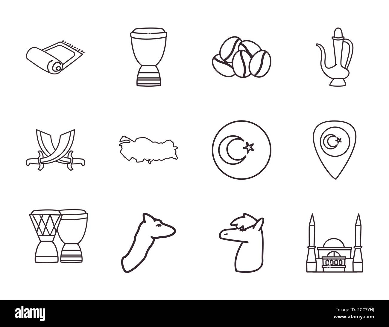Turkish line style set icons design, Turkey culture travel and asia ...