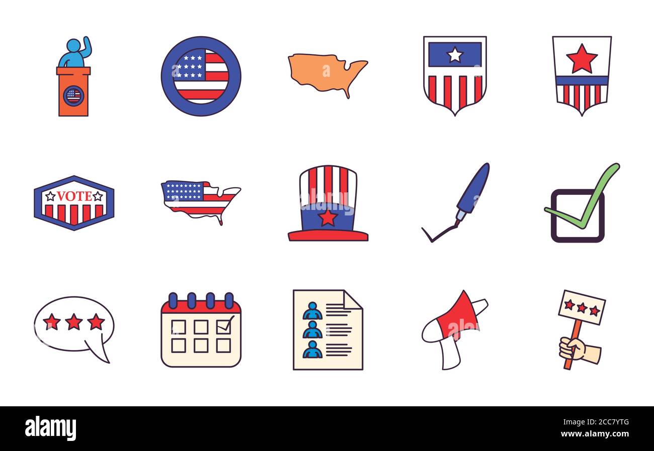 line and fill style set of icons design, Usa elections vote and ...