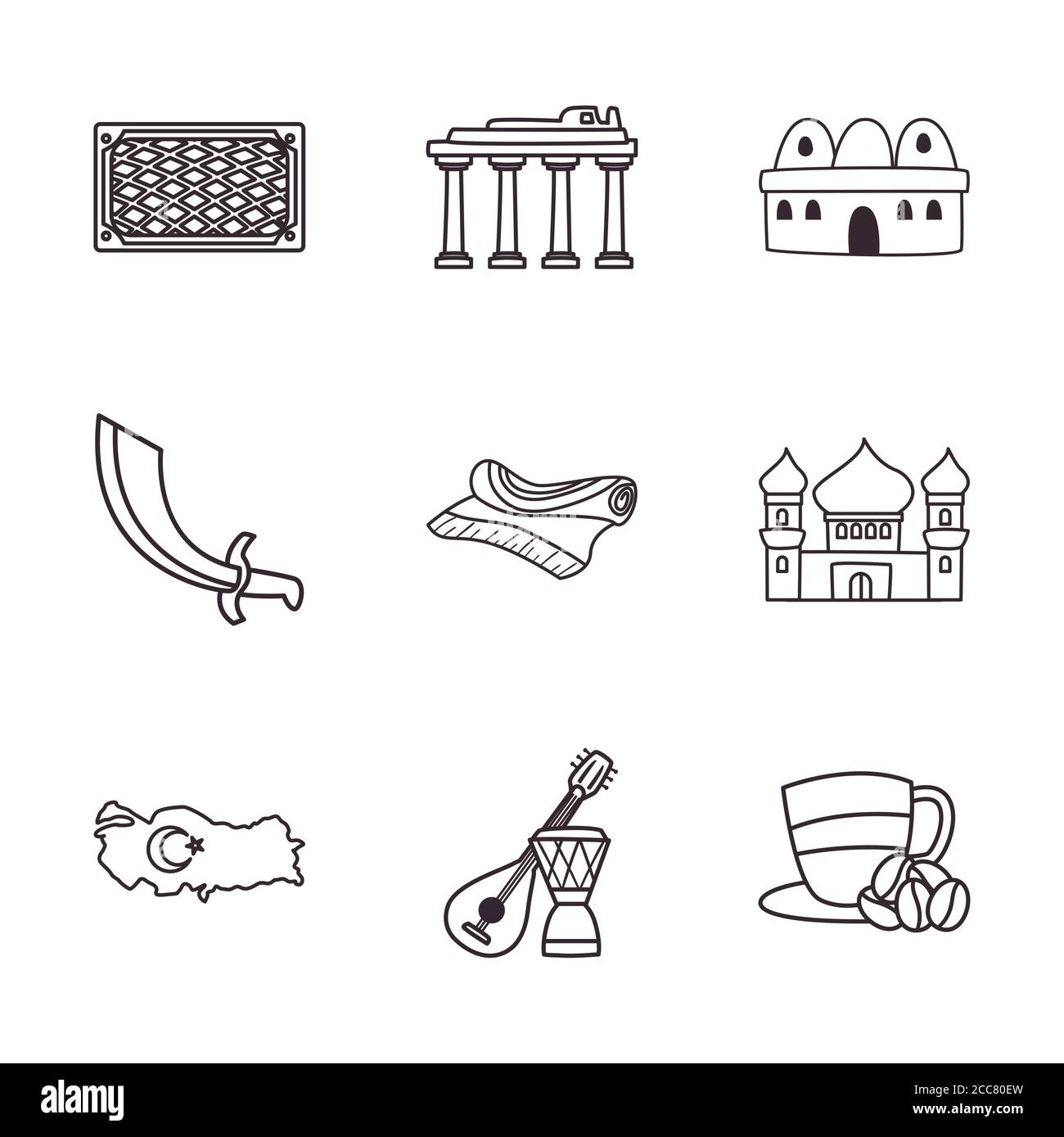 Turkish line style icon set design, Turkey culture travel and asia ...