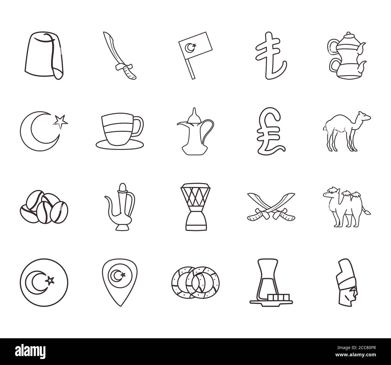 Turkish line style icons bundle design, Turkey culture travel and asia ...