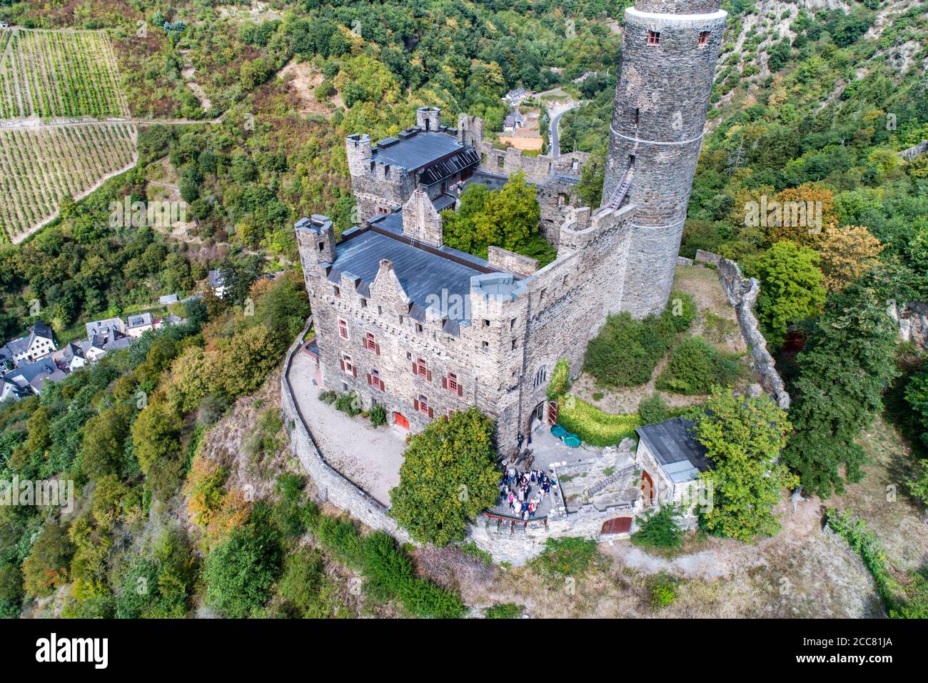 Aerial Panorama shot of the Castle Maus, Germany Rhine River Valley ...