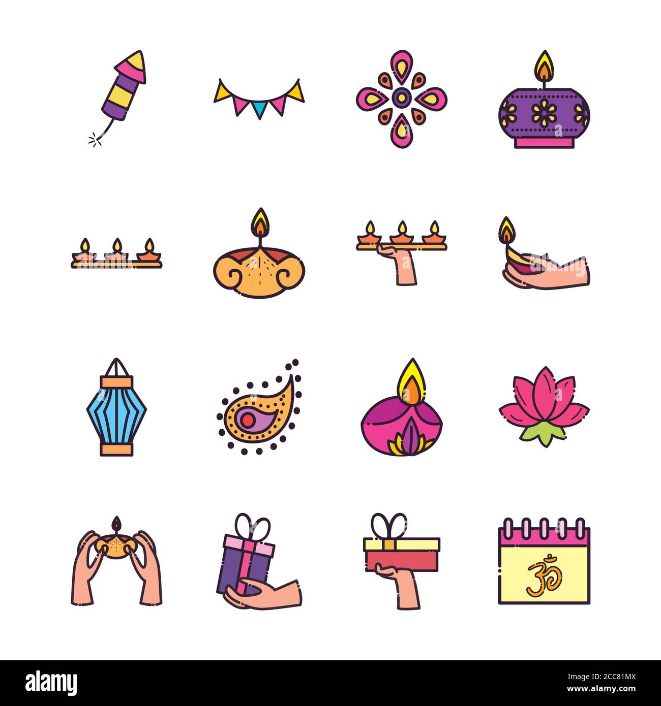 diwali line and fill style collection of icons design, Indian culture ...
