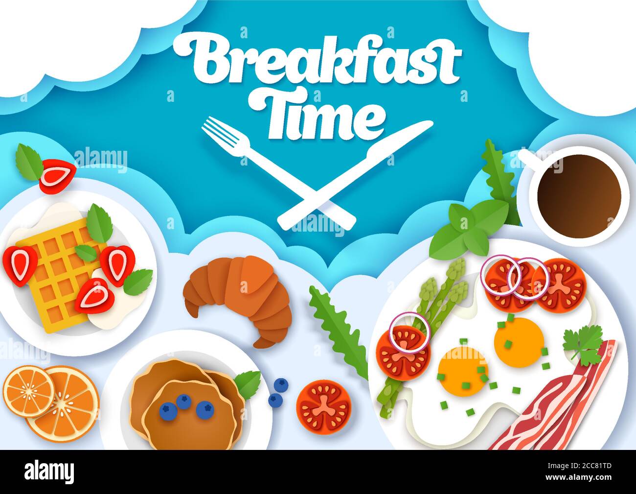 Breakfast time poster banner template, vector paper cut style top view ...