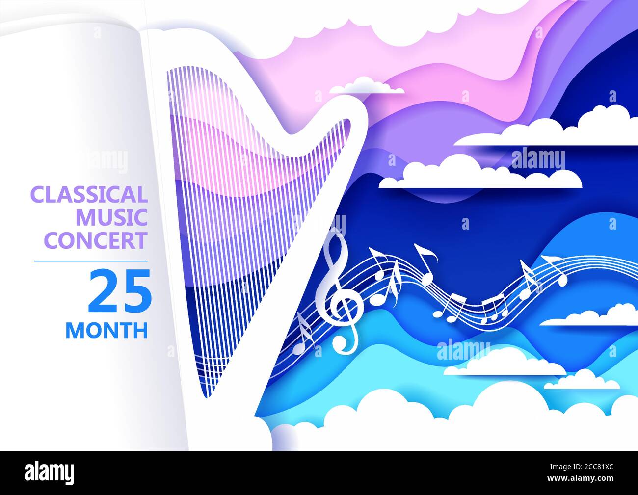 Vector paper cut craft style music composition for harp classical music ...