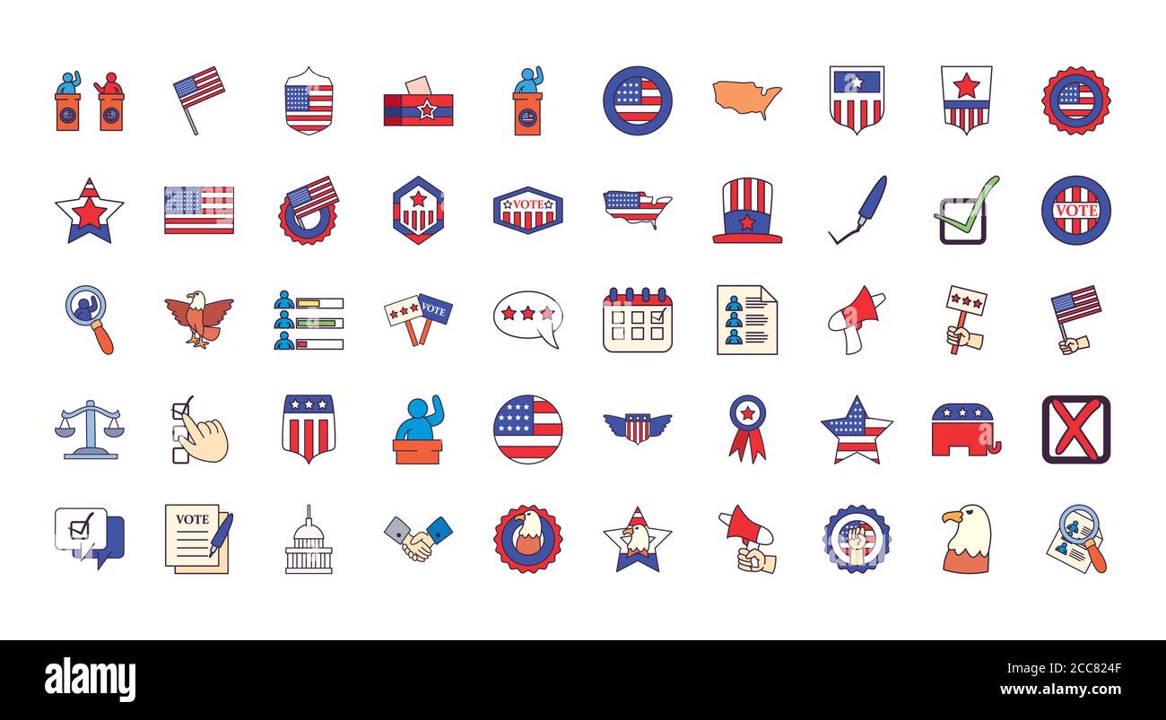 line and fill style 50 icon set design, Usa elections vote and ...