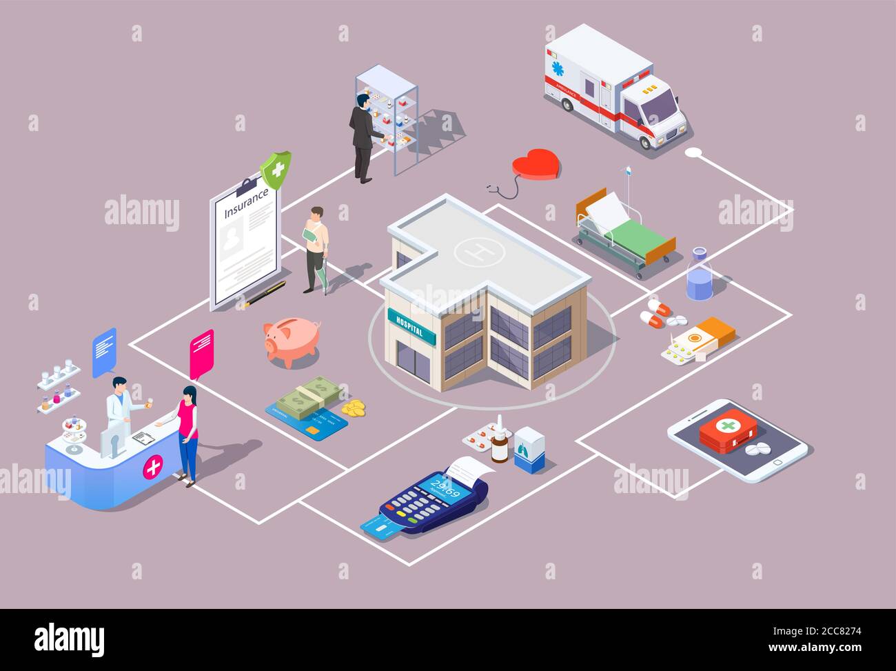 Hospital or medical clinic doctor office, drugstore isometric flowchart ...