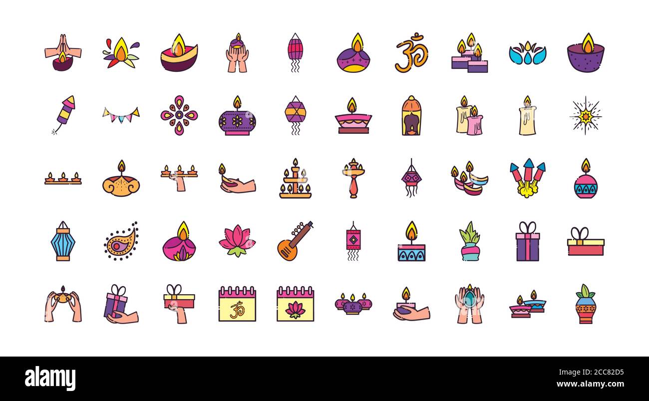 diwali line and fill style 50 icon set design, Indian culture and ...