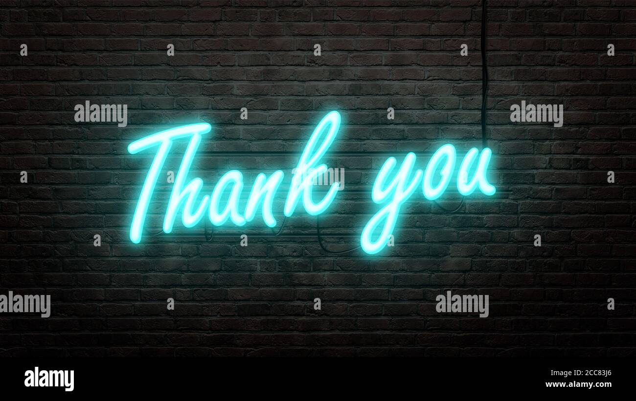 Thank you neon sign emblem in neon style on brick wall background Stock ...