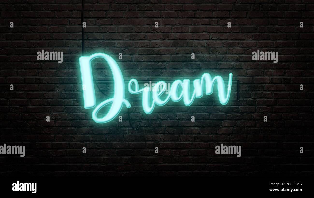 dream neon sign emblem in neon style on brick wall background Stock ...