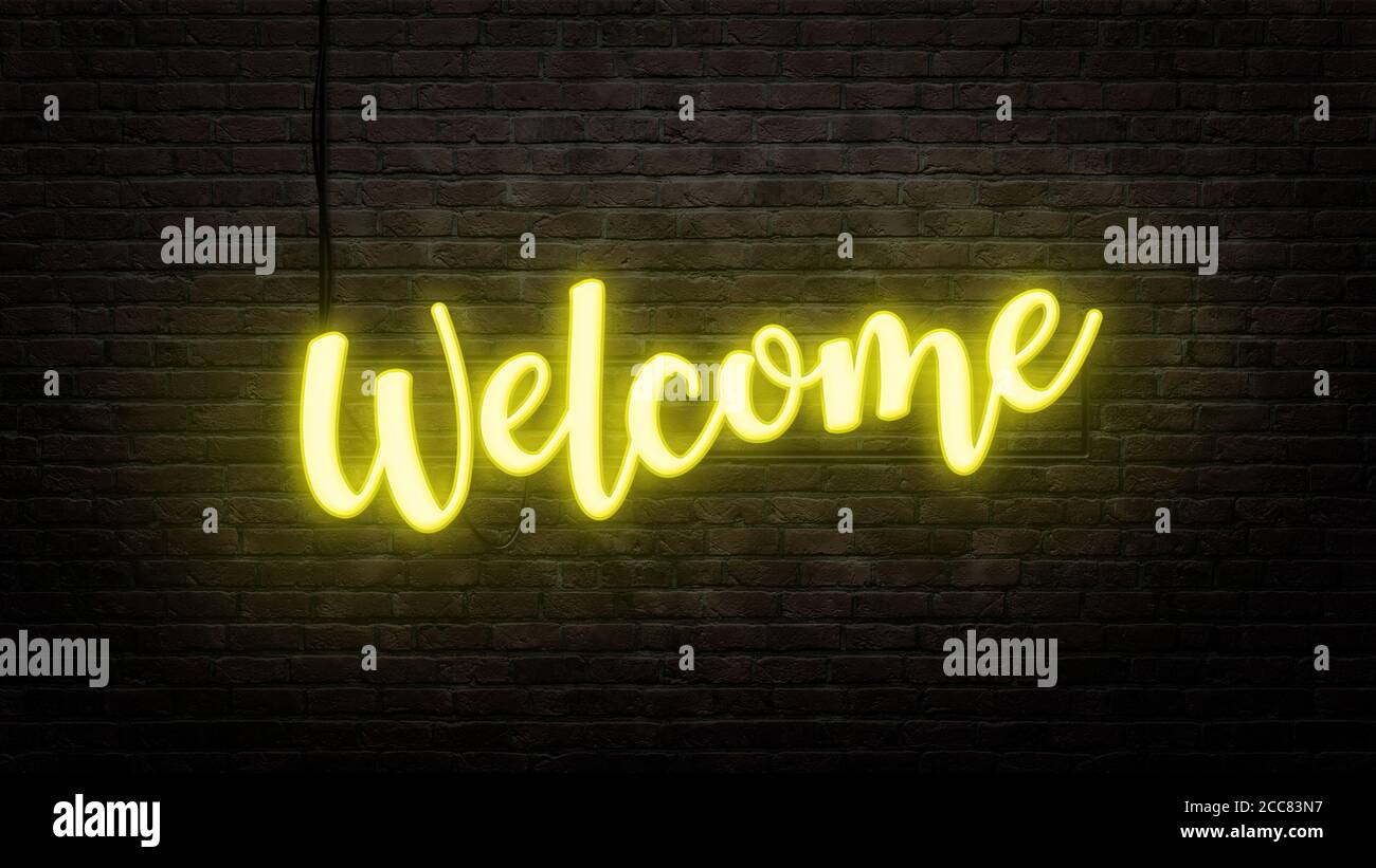 welcome neon sign emblem in neon style on brick wall background Stock ...