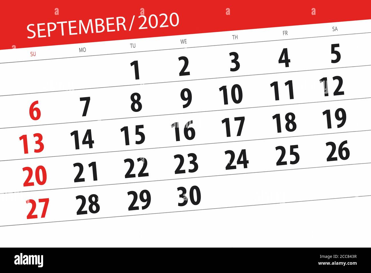 Calendar planner for the month september 2020, deadline day Stock Photo ...