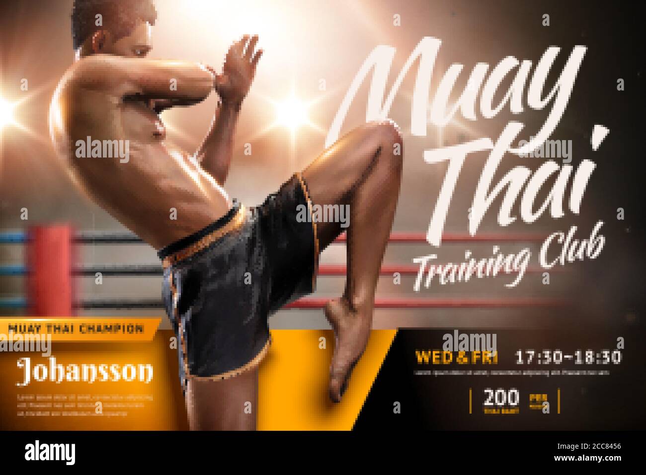 Muay Thai training camp ad design with handsome man doing flying knee ...