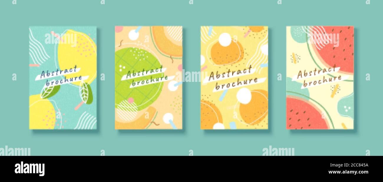Cover template in Memphis design, with abstract fruit shapes in pastel ...