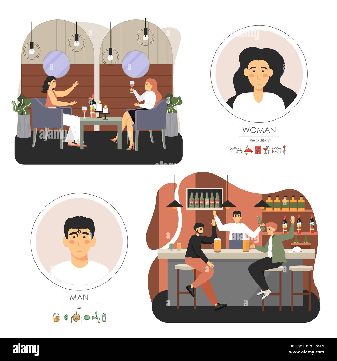 People talking, drinking wine, beer in cafe, pub, vector flat illustration Stock Vector Image ...