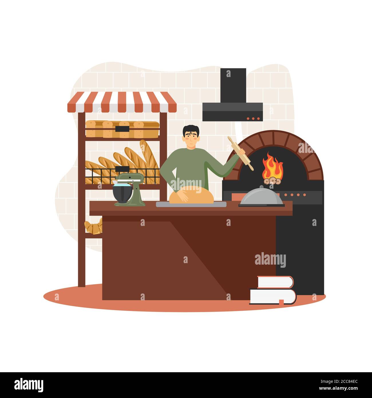 Baker baking bread in bakery wood fired oven, vector flat illustration ...
