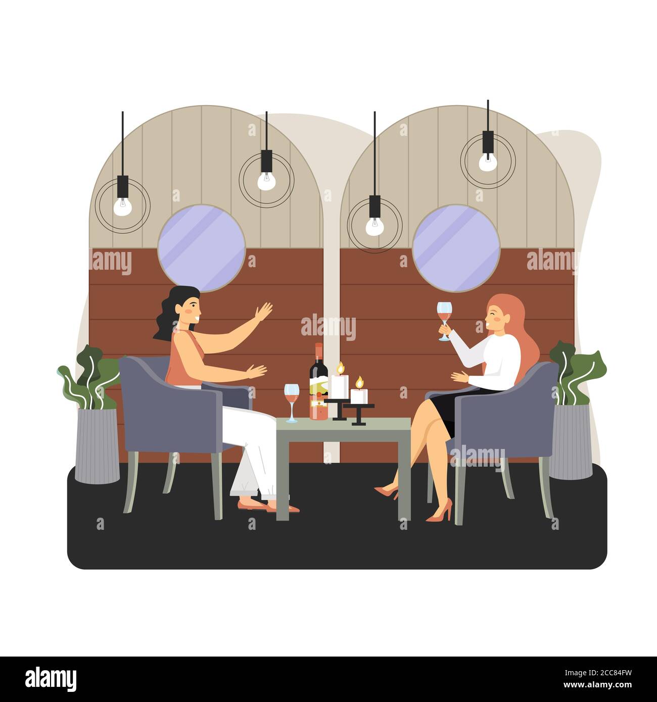 Two young women sitting at table and drinking wine in cafe, vector flat illustration Stock ...