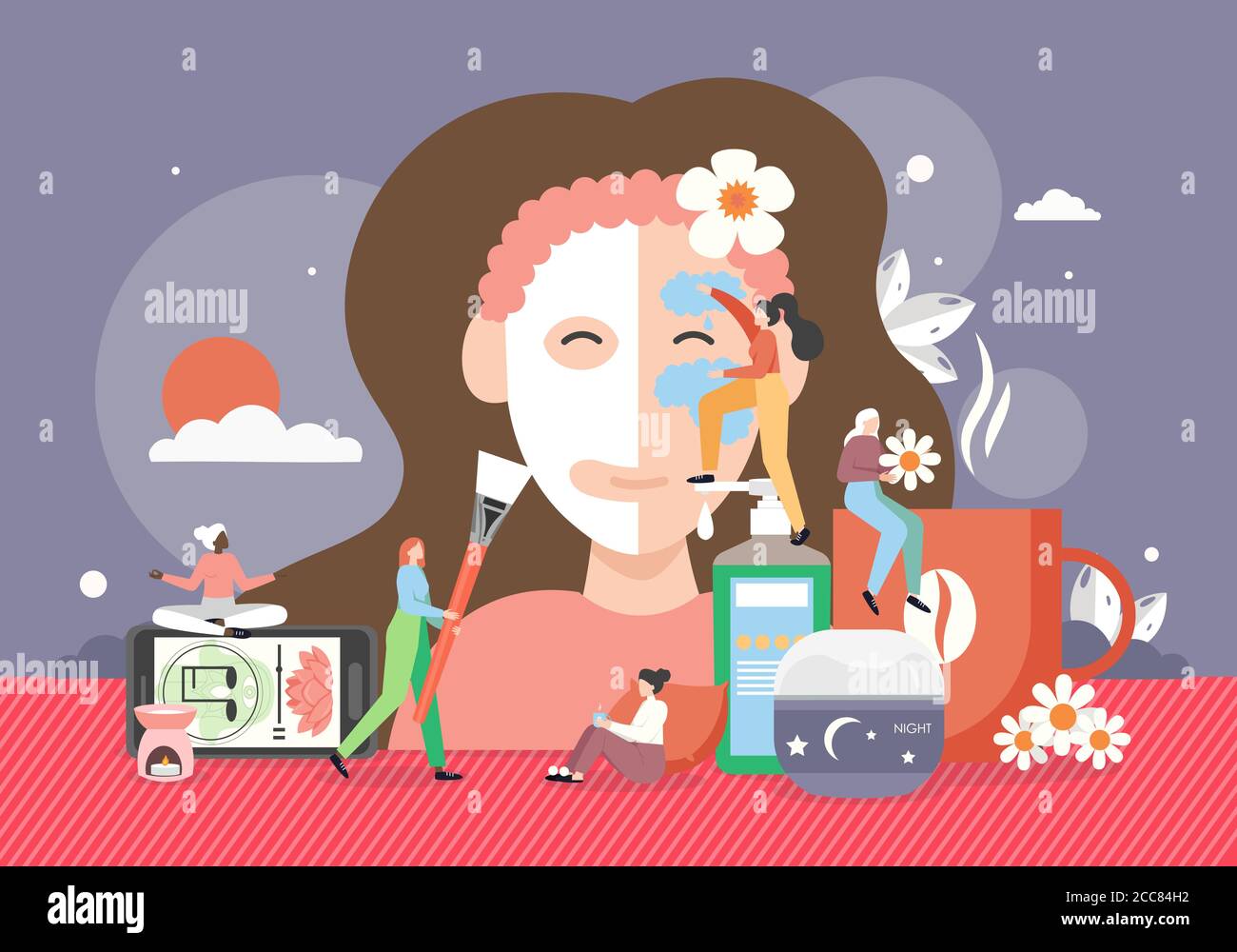 Woman night time routine that helps to sleep better, vector flat ...