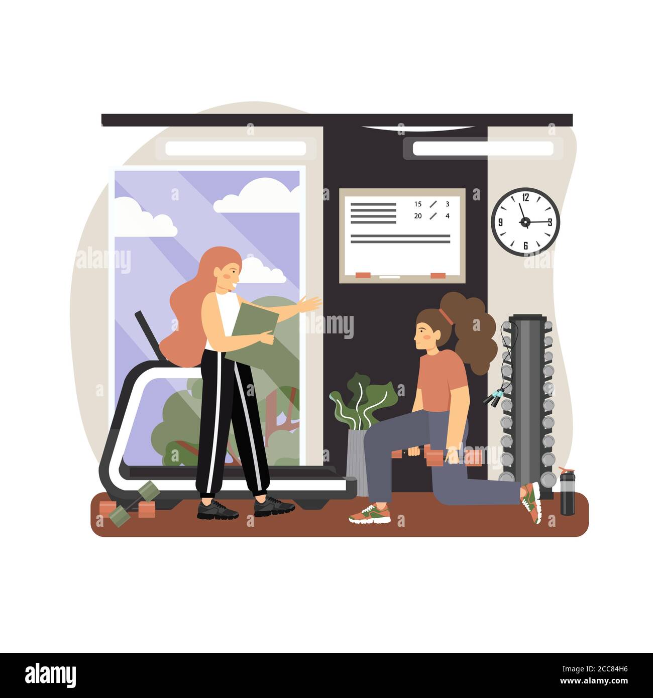 Fitness girl training with dumbbells with personal trainer female ...