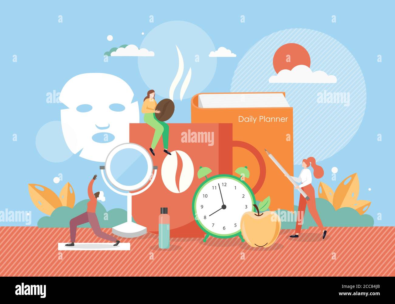 Woman daily morning routine, vector flat illustration Stock Vector ...