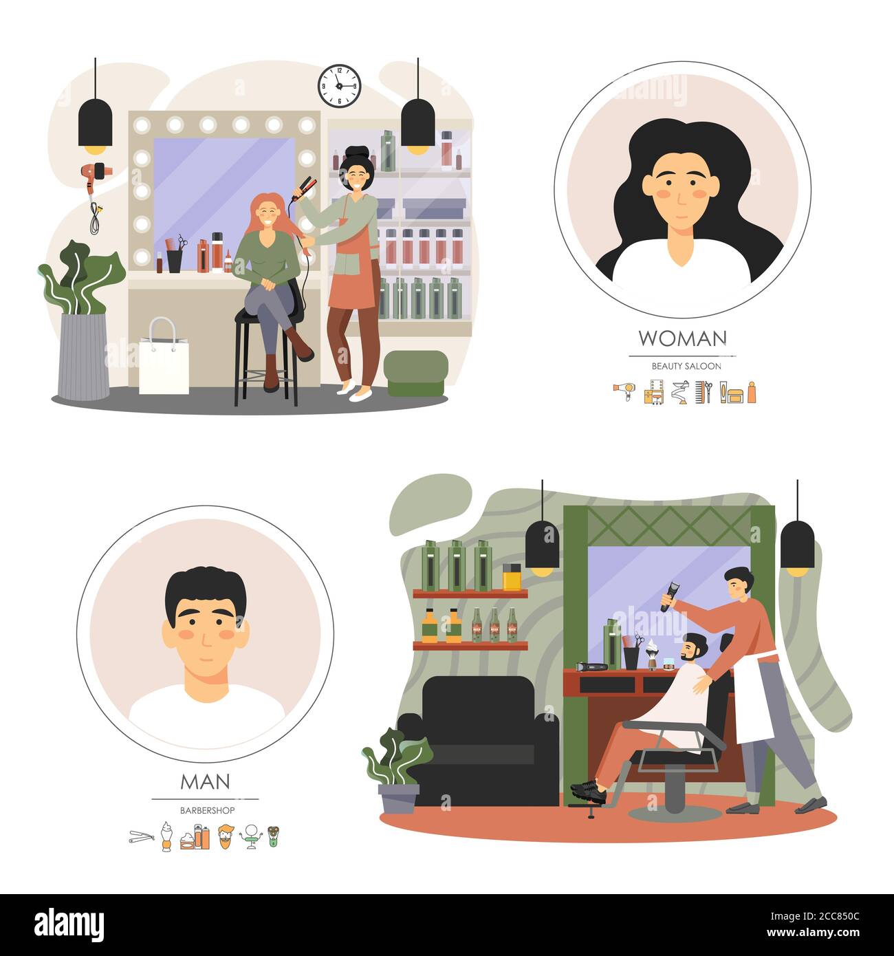 Hair salon and barber shop composition set with characters, flat vector ...