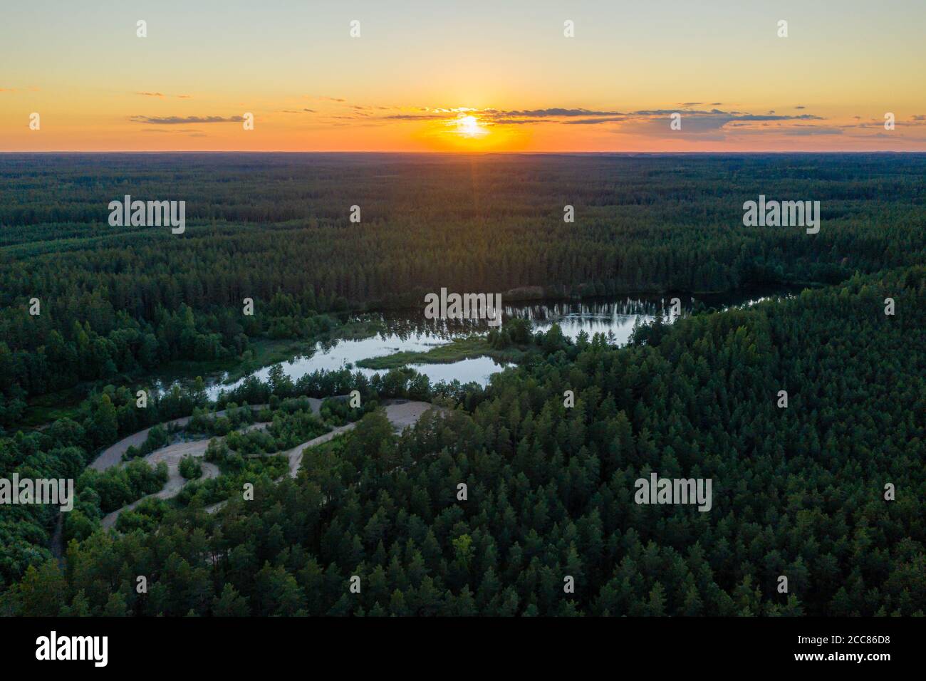 colorful rural sunset over forest trees, summer evening landscape Stock ...