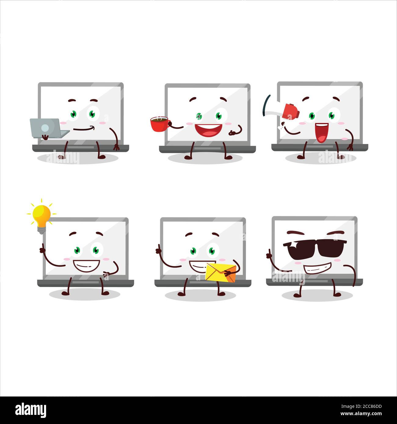 Laptop cartoon character with various types of business emoticons Stock ...