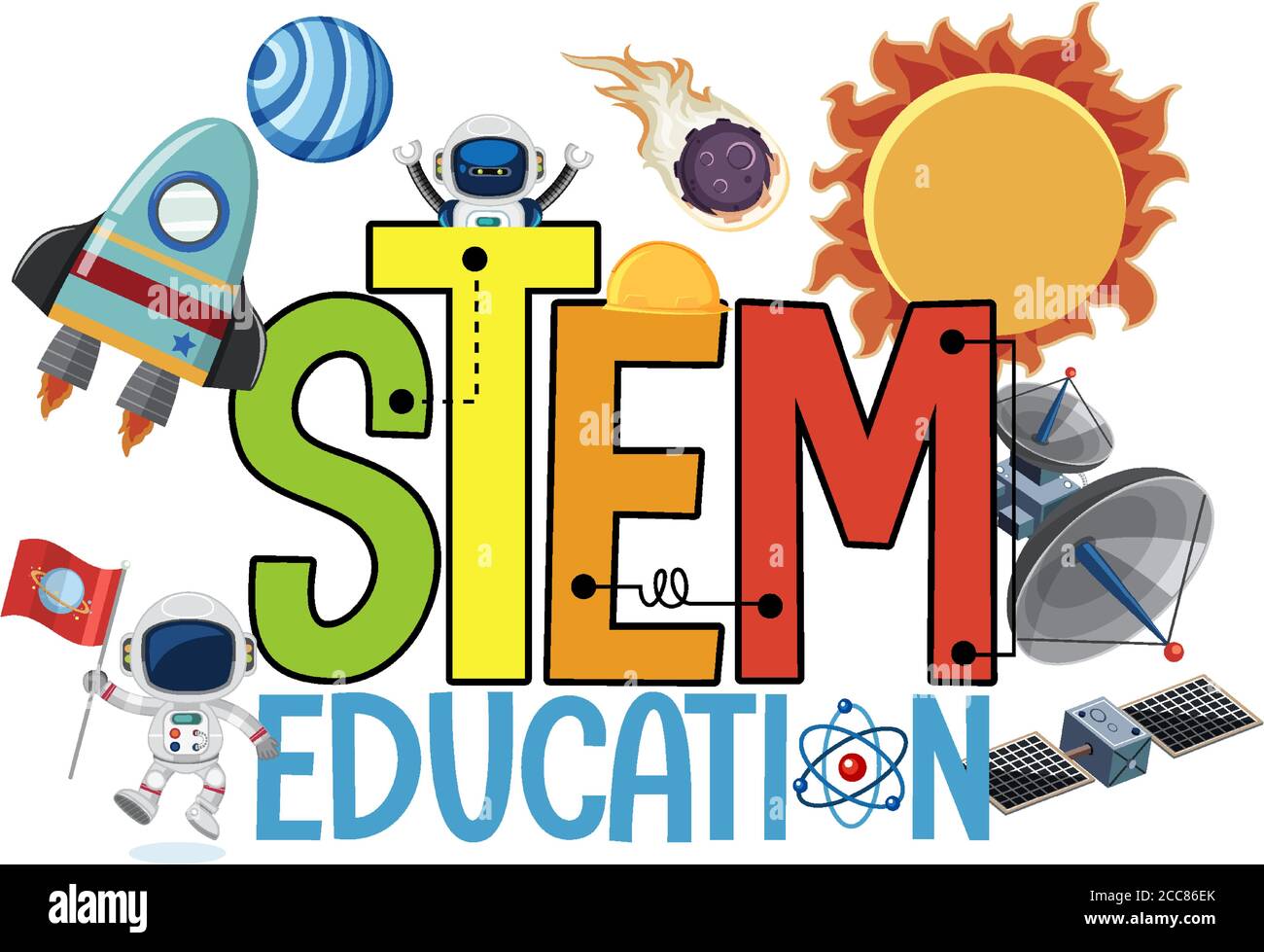 Stem education logo with space objects isolated illustration Stock ...