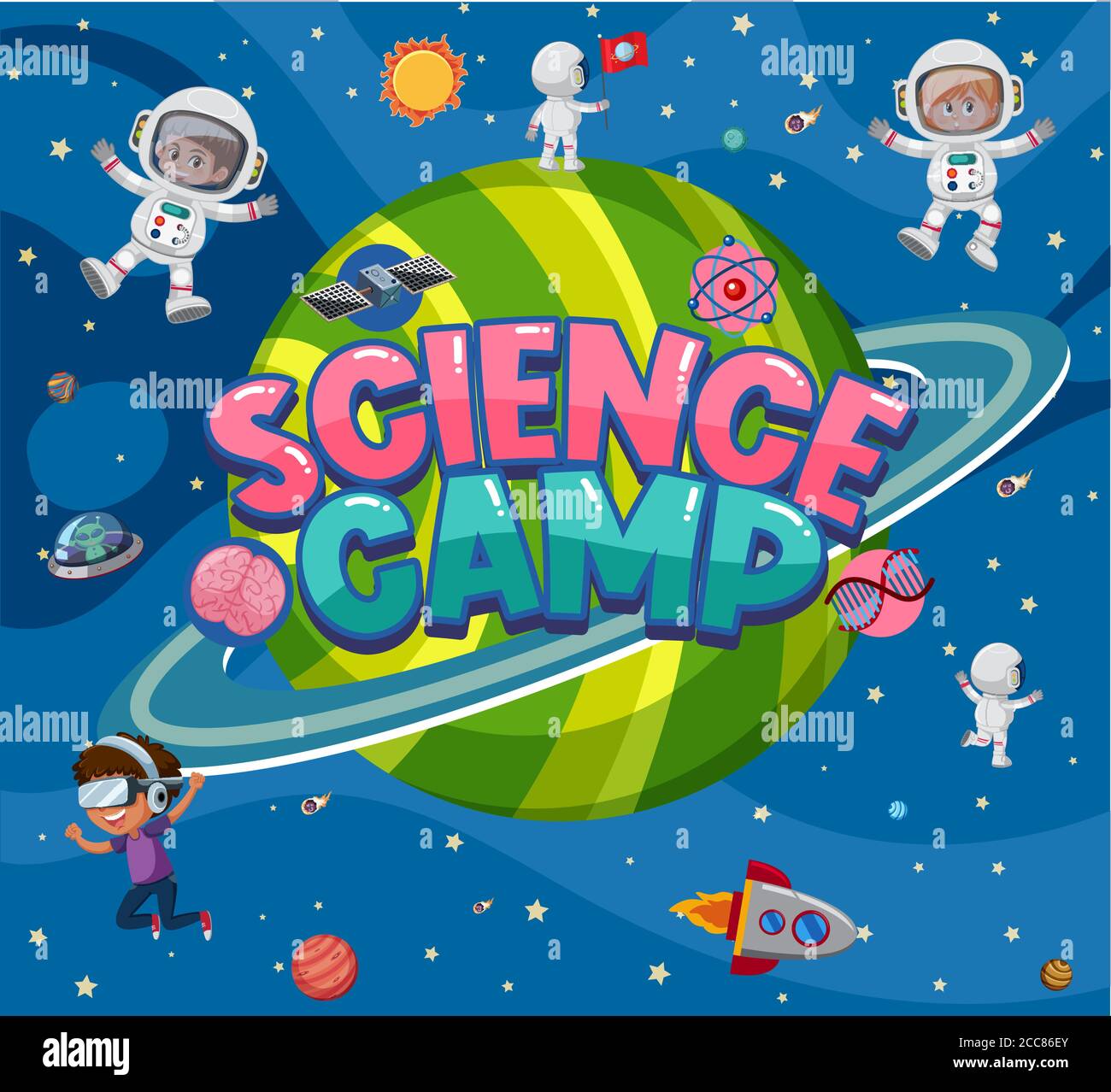 Science camp logo on saturn planet with astronaut in space illustration ...