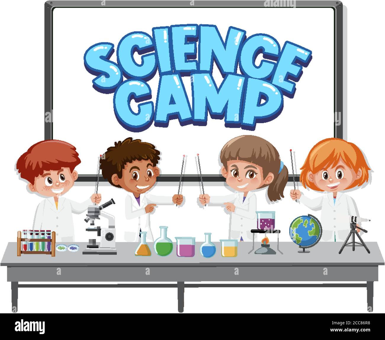 Science camp logo with kids wearing scientist costume isolated ...