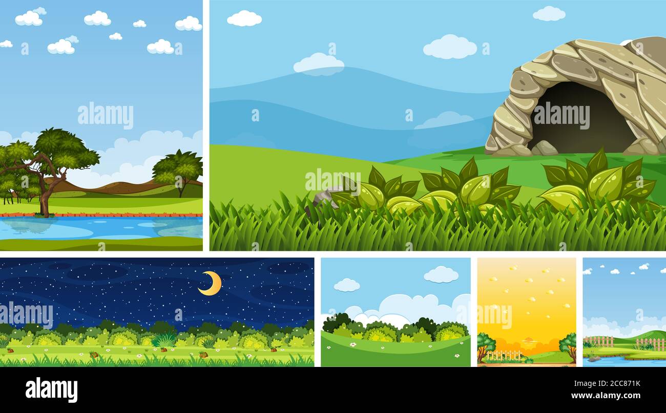 Set of different nature place scene in vertical and horizon scenes at ...