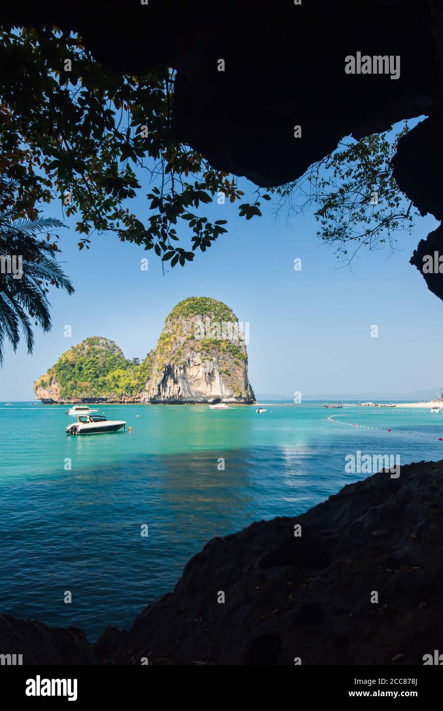 Stunning view of Rai Leh Beach on sunny summer, a group of tourists ...