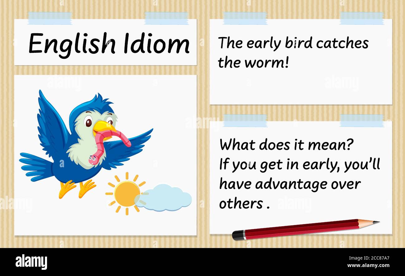 English Idiom The Early Bird Catches The Worm Template Illustration