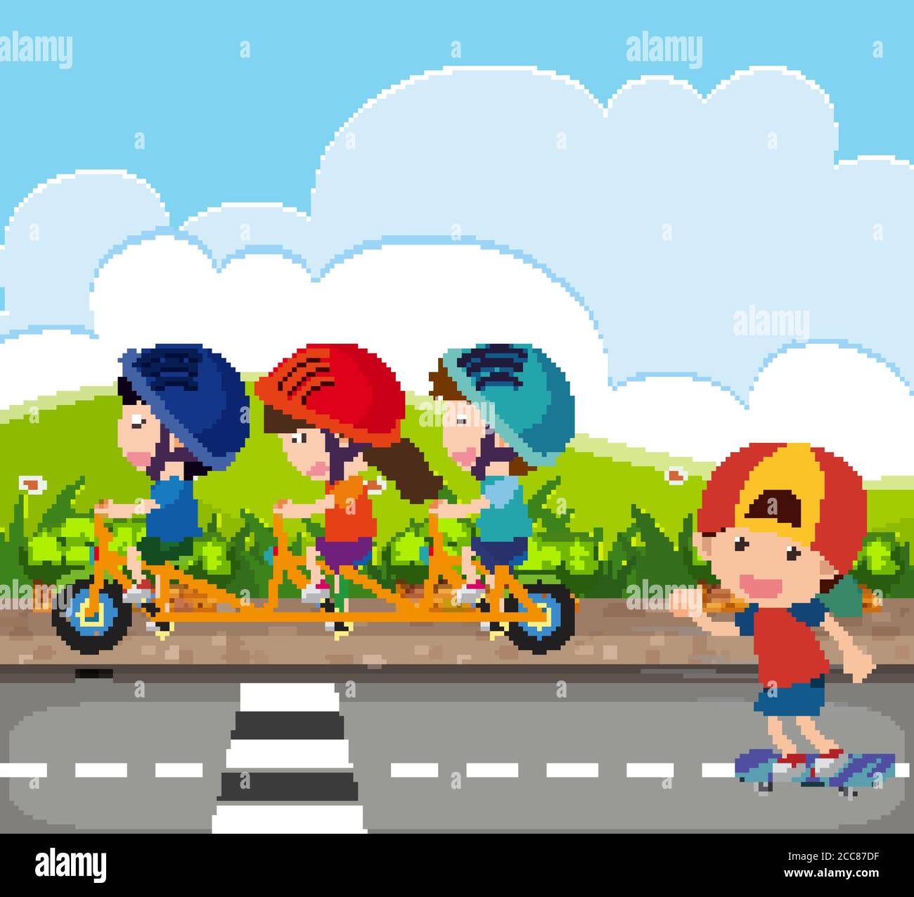 Background scene with kids riding bike on the road illustration Stock ...