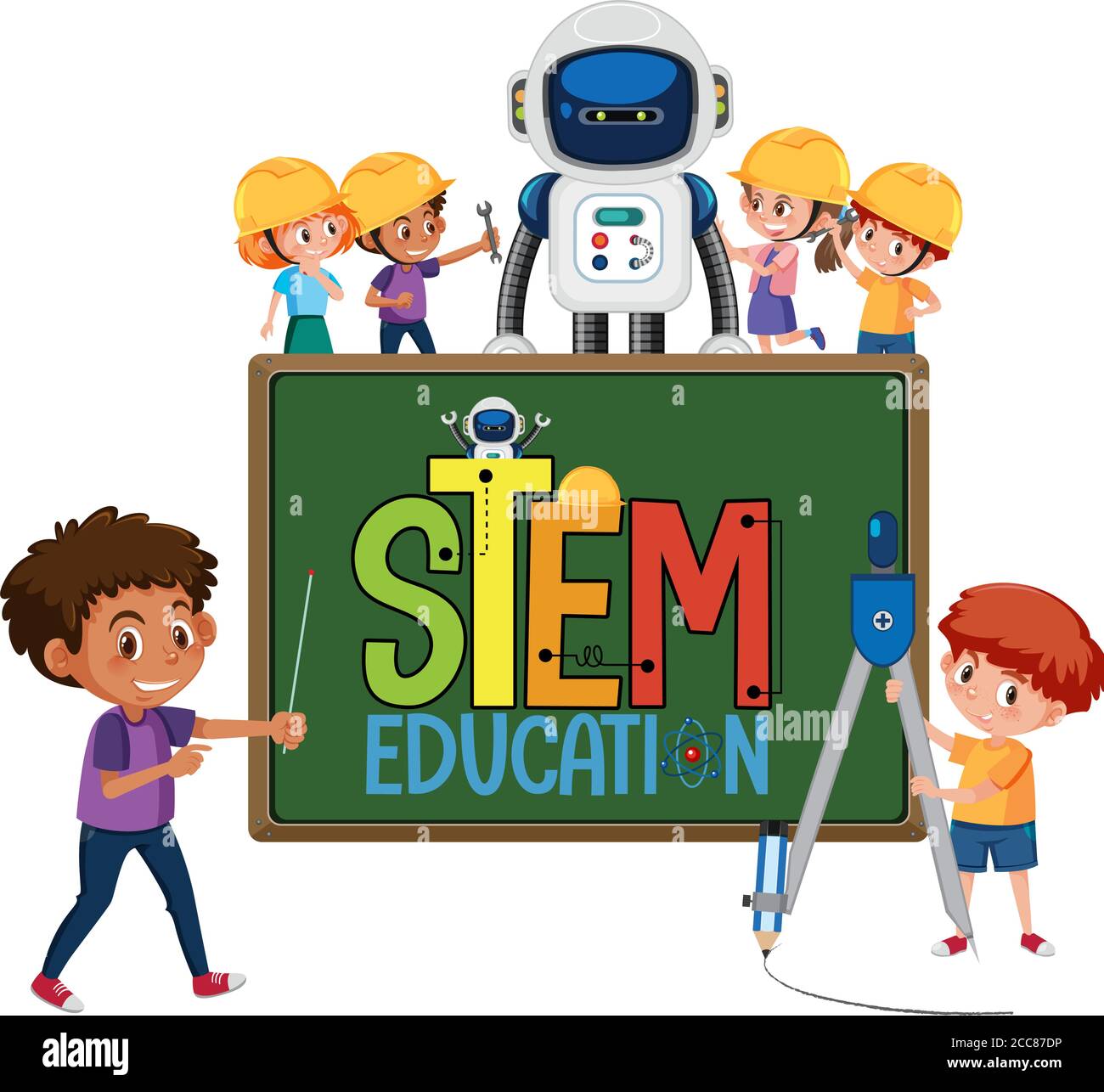 Stem education logo with kids wearing engineer costume and robot ...