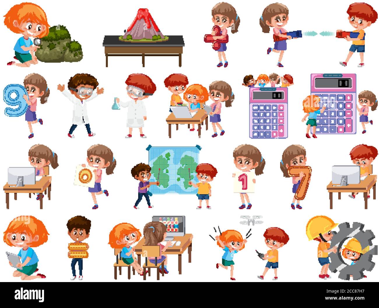 Set of children with education objects isolated illustration Stock ...