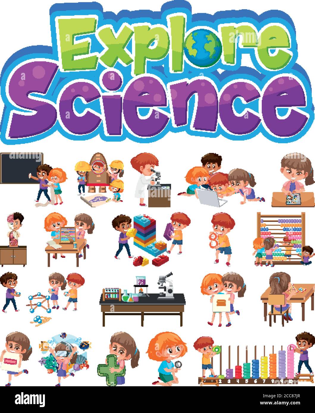 Explore science logo and set of children with education objects ...