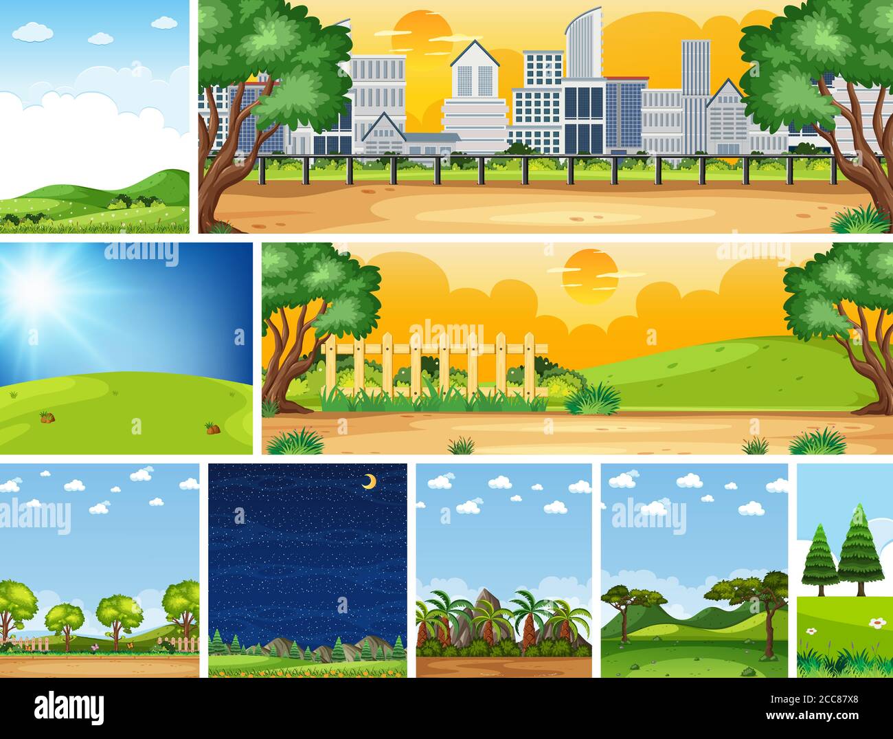 Set of different nature place scene in vertical and horizon scenes at ...