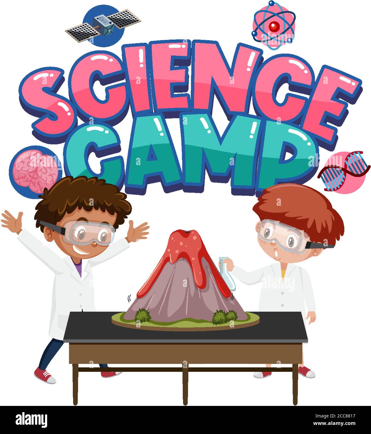 Science camp logo and children with volcano science experiment ...