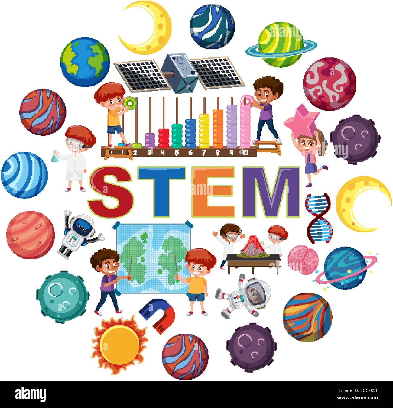 Stem logo with kids and education objects and many palnets isolated ...