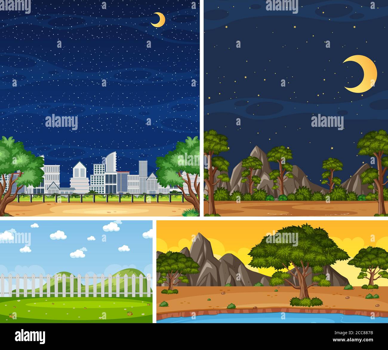 Four background different nature scenes with green trees in different ...