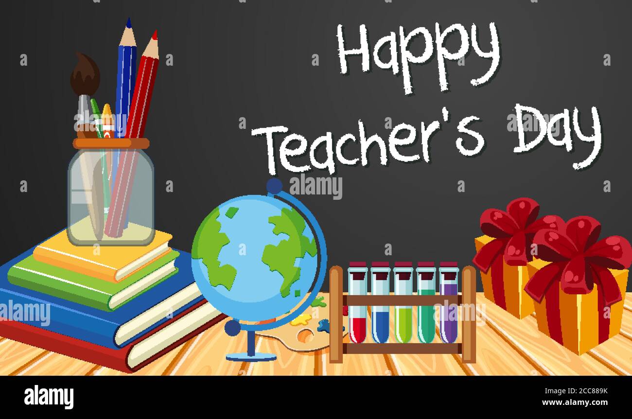 Happy Teacher's Day sign with set of stationary elements illustration ...