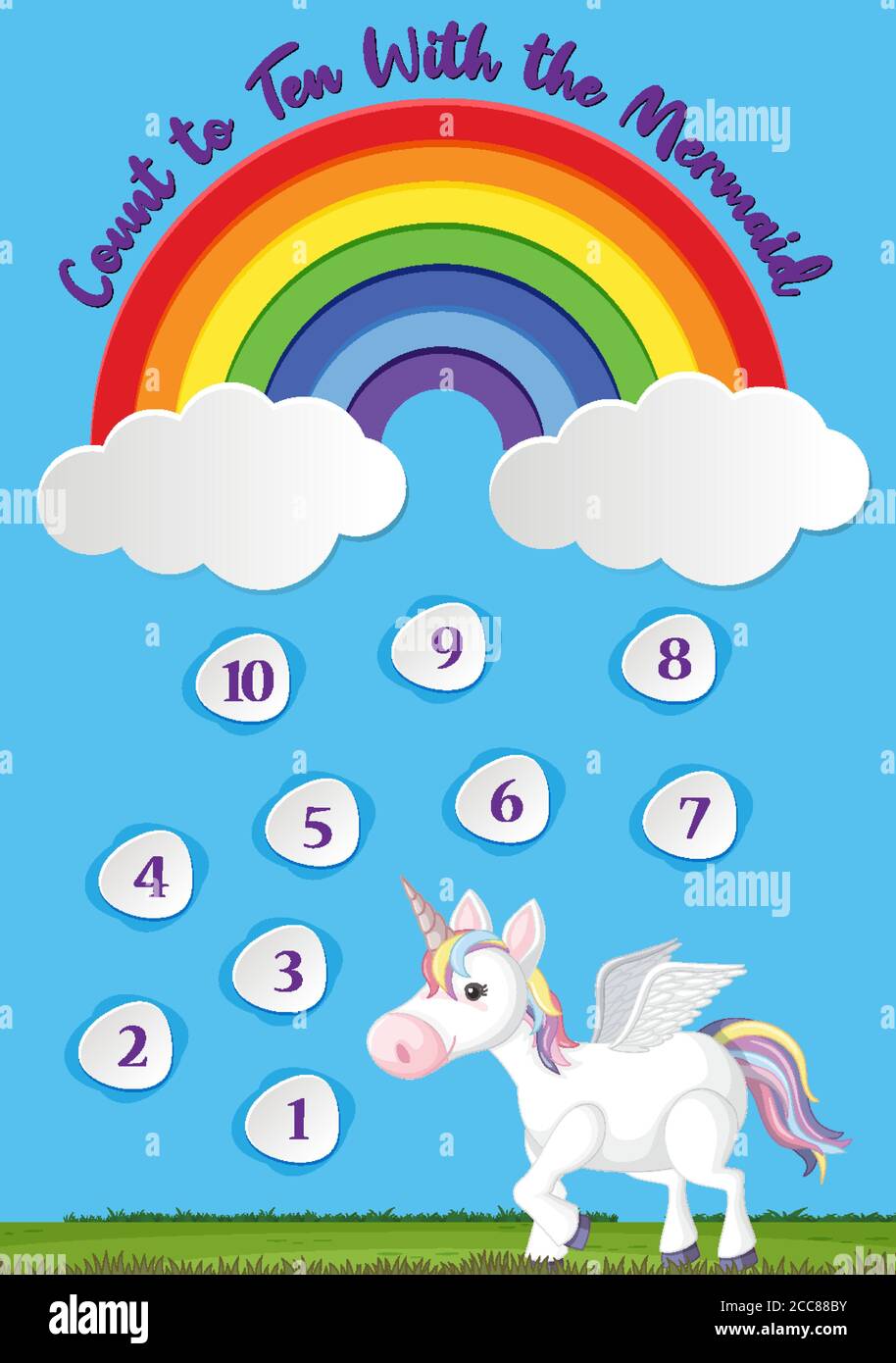 Count to ten for preschool in rainbow and unicorn theme background ...