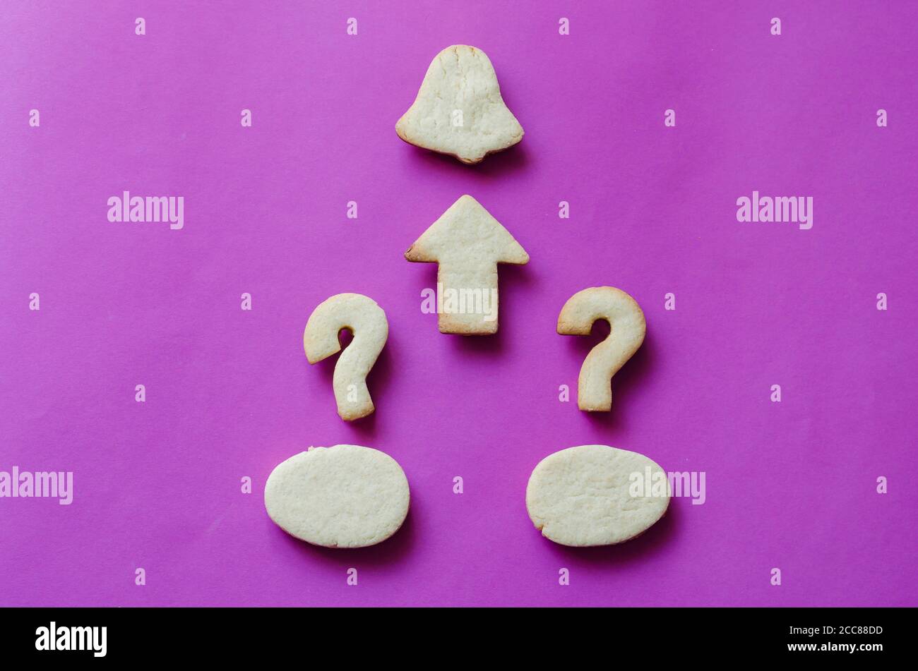 Creative background Homemade shortbread cookies. Bell symbol, question ...
