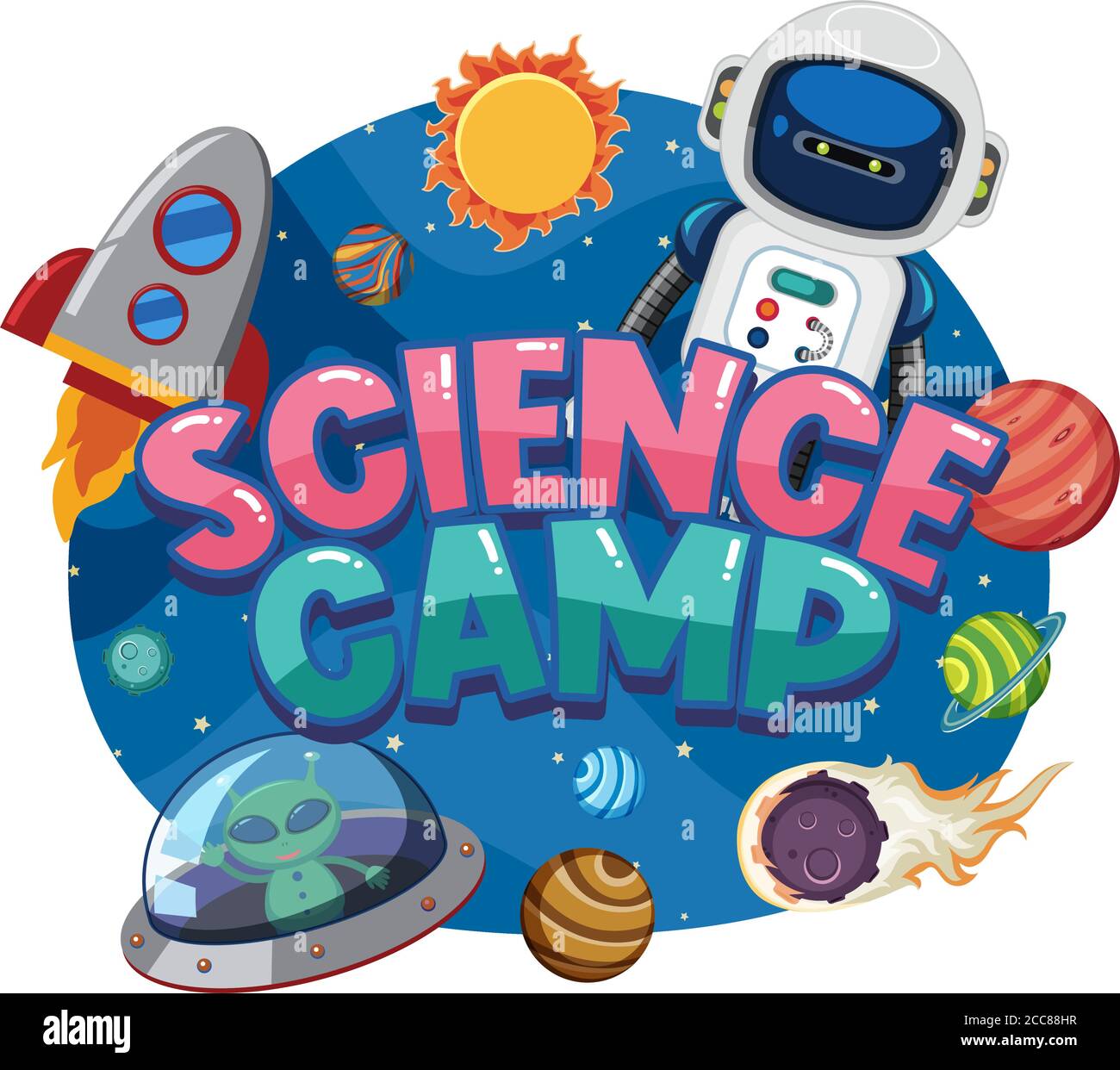 Science camp logo with space objects in the space isolated illustration ...